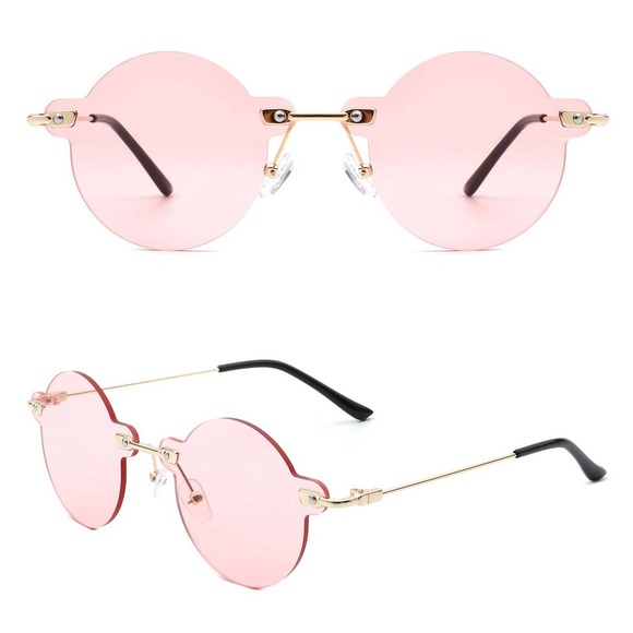 Kiss Accessories Vintage Aura Circle Retro Round Rimless Pink Tinted Fashion Sunglasses